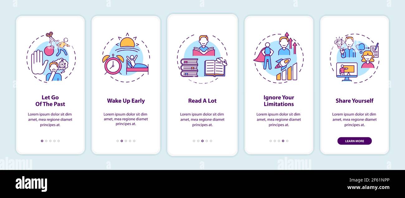 Self-development tips onboarding mobile app page screen with concepts ...