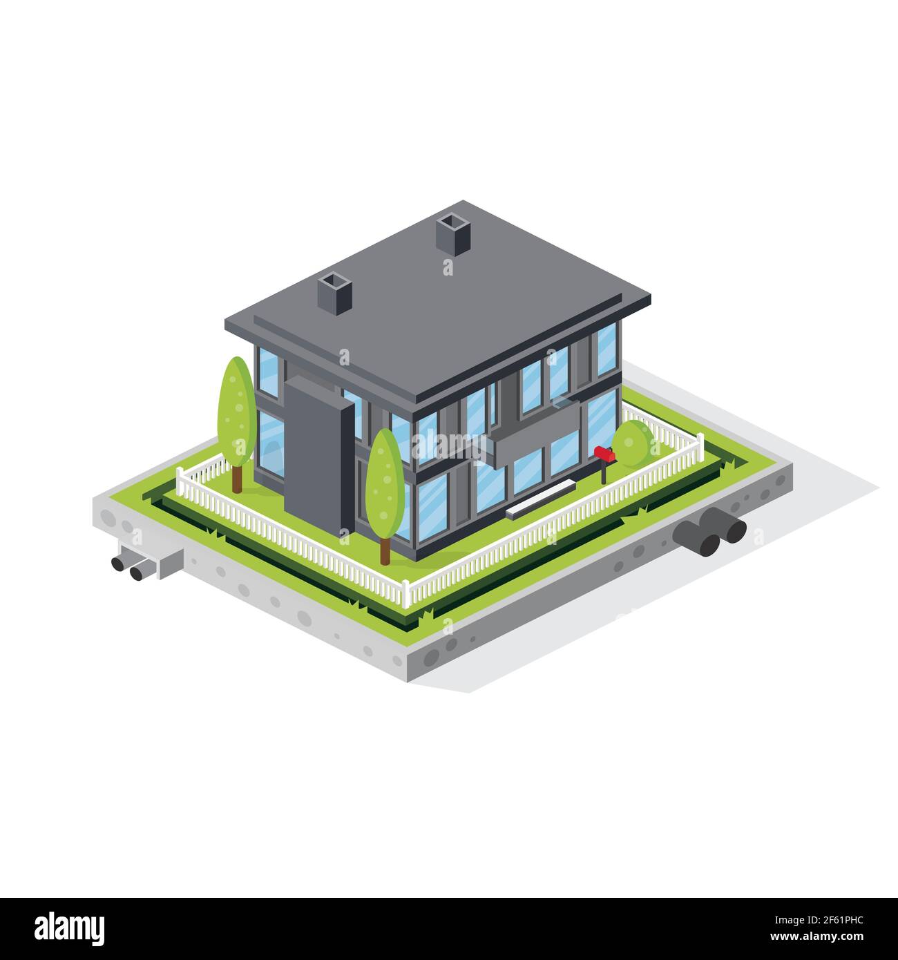 Isometric Residential City Building with Trees and Green Grass on Courtyard. Rural or Suburban ...