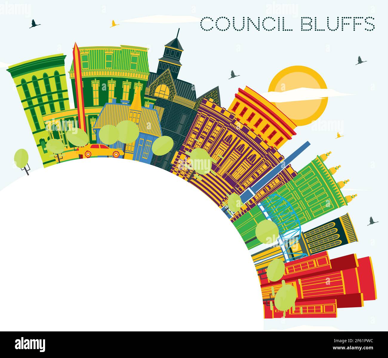 Council Bluffs Iowa Skyline with Color Buildings, Blue Sky and Copy ...