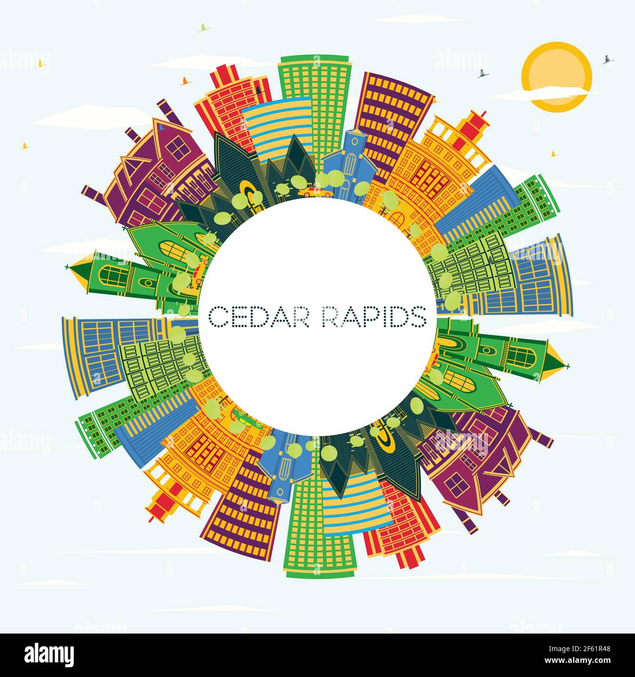 Cedar Rapids Iowa City Skyline with Color Buildings, Blue Sky and Copy ...