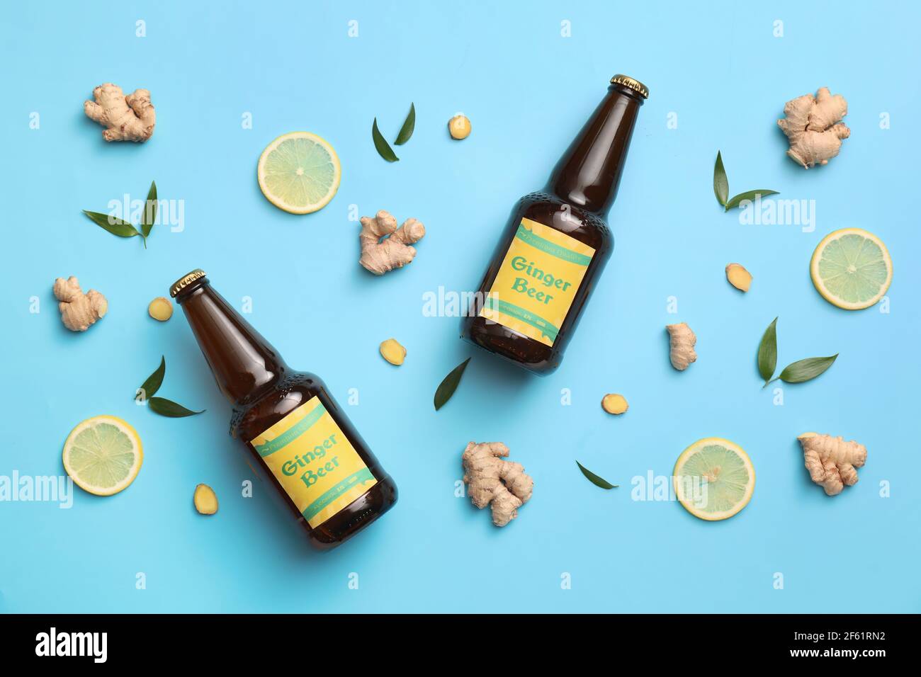Bottles of fresh ginger beer on color background Stock Photo - Alamy