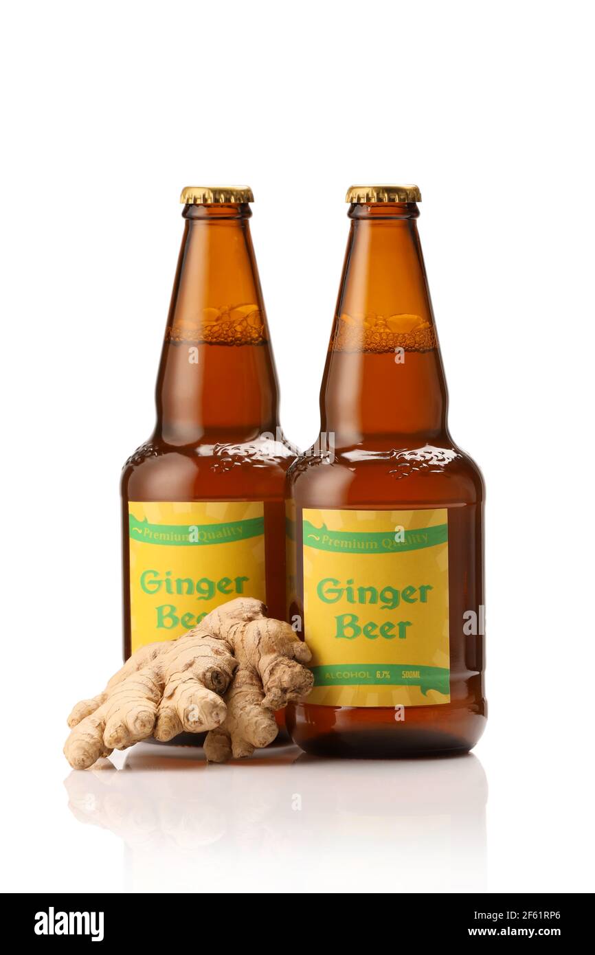 Bottles of fresh ginger beer on white background Stock Photo - Alamy