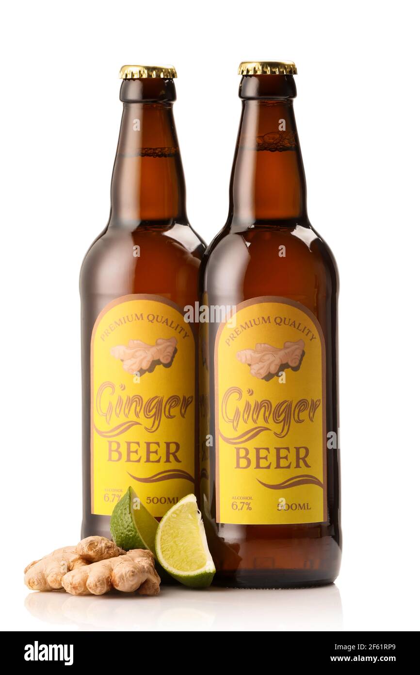 Bottles of fresh ginger beer on white background Stock Photo - Alamy