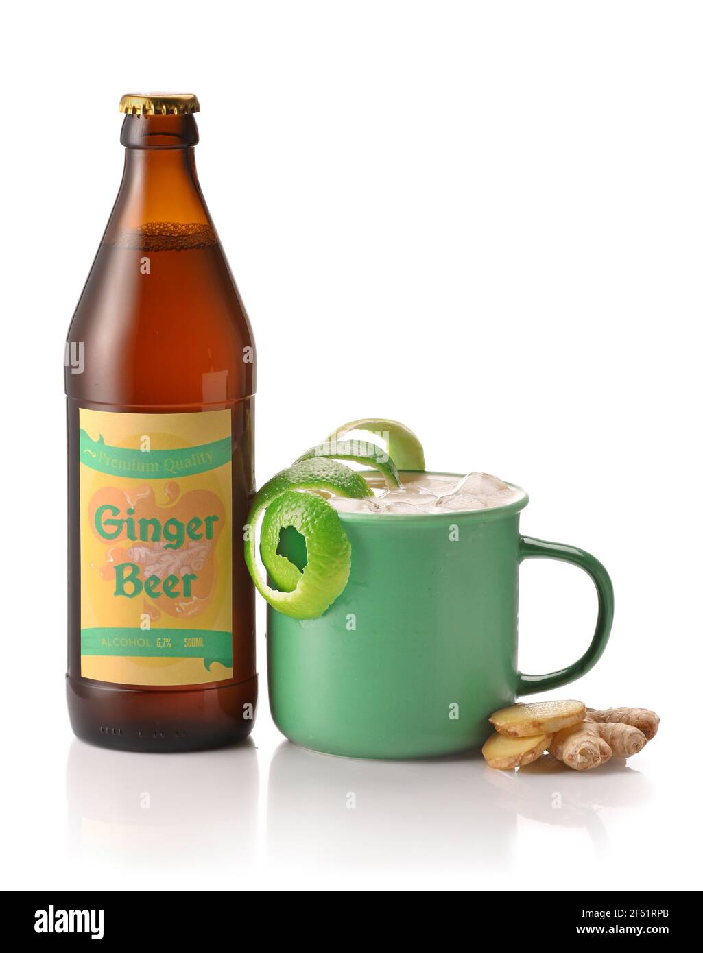 Bottle and cup of fresh ginger beer on white background Stock Photo - Alamy
