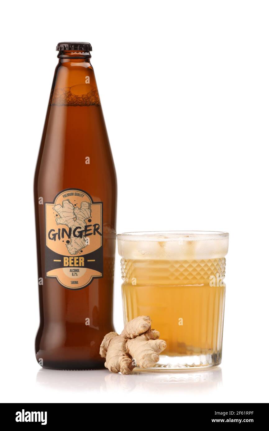 Bottle and glass of fresh ginger beer on white background Stock Photo ...
