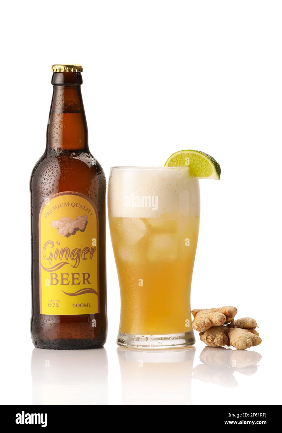 Bottle and glass of fresh ginger beer on white background Stock Photo ...