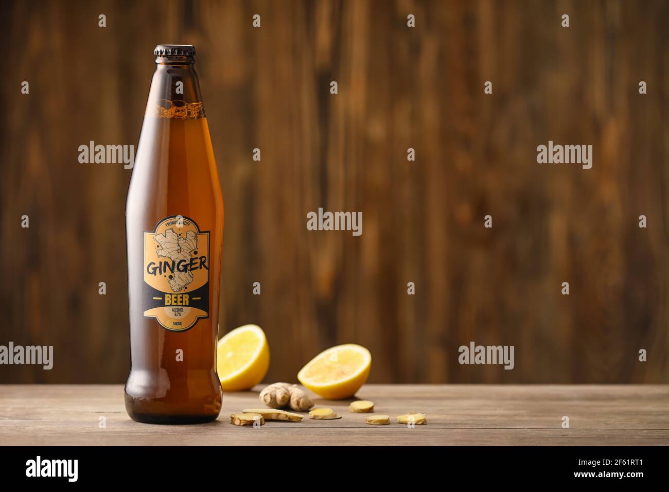 Bottle of fresh ginger beer on wooden background Stock Photo - Alamy