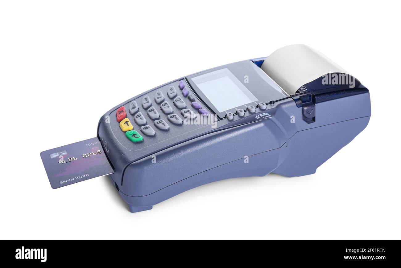 Payment terminal with credit card on white background Stock Photo - Alamy