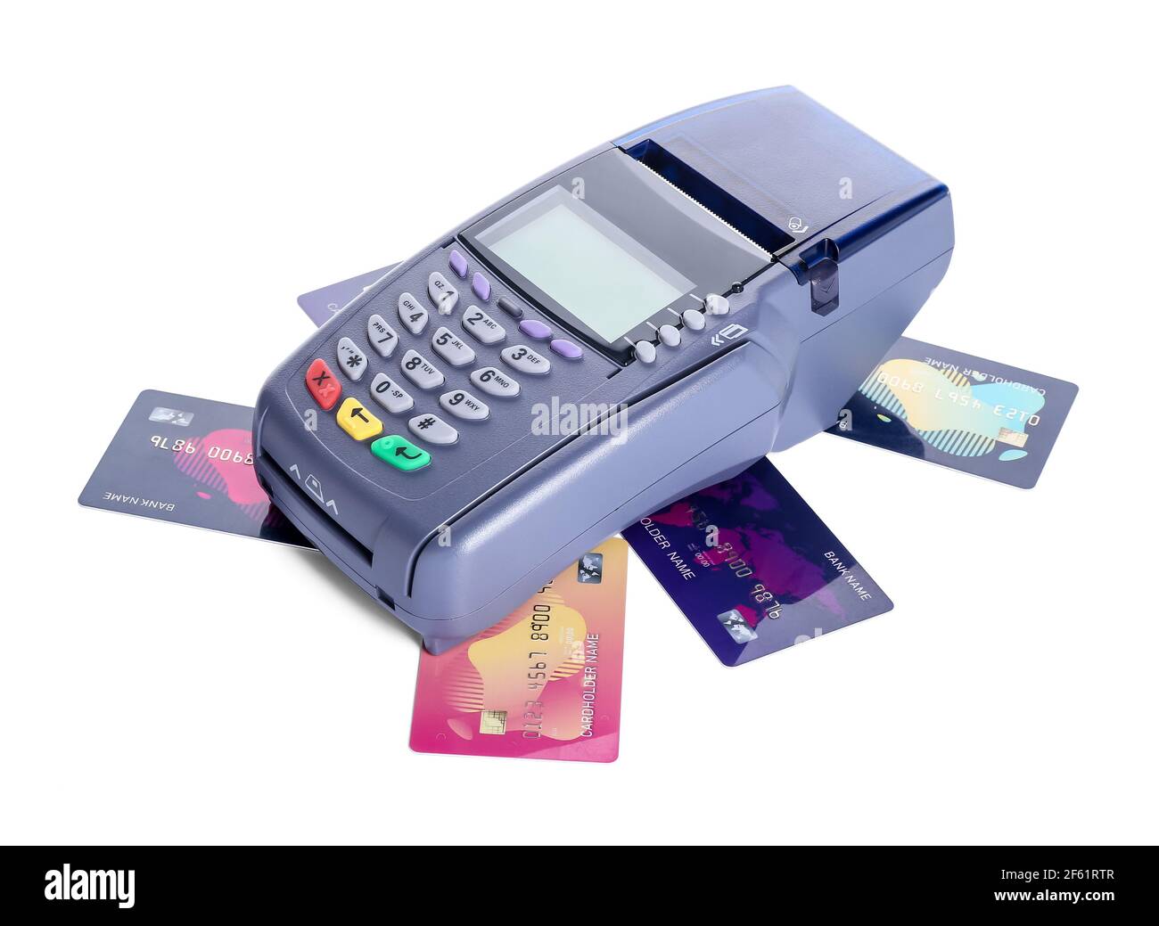 Payment terminal with credit cards on white background Stock Photo - Alamy