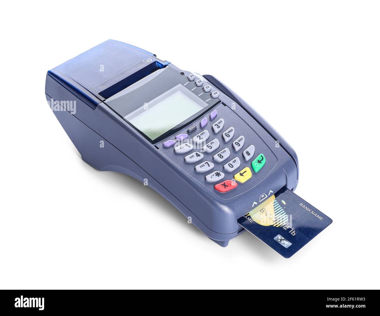 Payment terminal with credit card on white background Stock Photo - Alamy