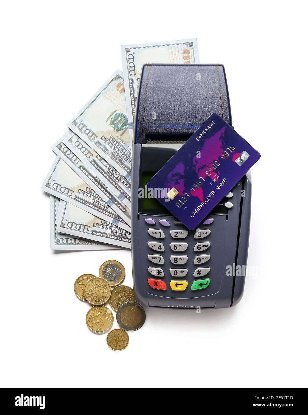 Payment terminal with credit card and money on white background Stock ...