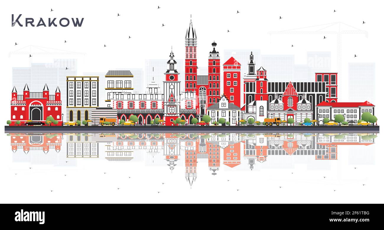 Krakow Poland City Skyline with Color Buildings and Reflections ...