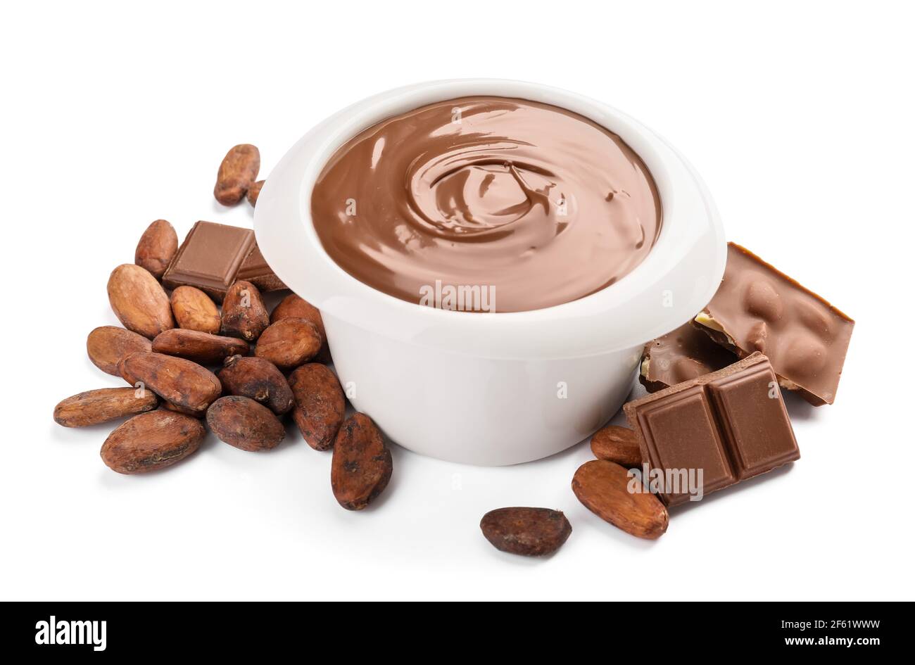 Bowl of tasty melted chocolate on white background Stock Photo - Alamy
