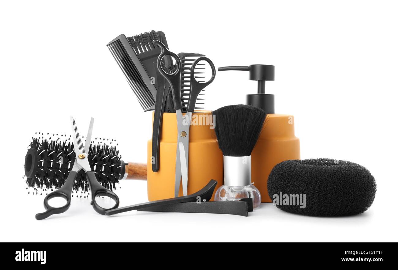 Set of hairdresser's tools on white background Stock Photo - Alamy