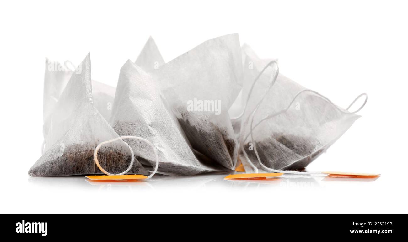 Tea bags on white background Stock Photo - Alamy