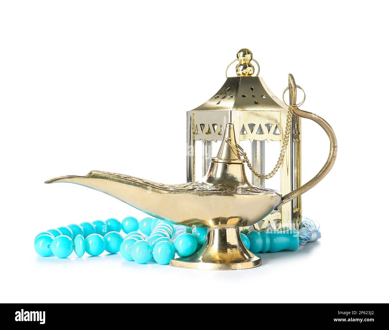 Aladdin lamp of wishes with Muslim lamp and tasbih on white background ...