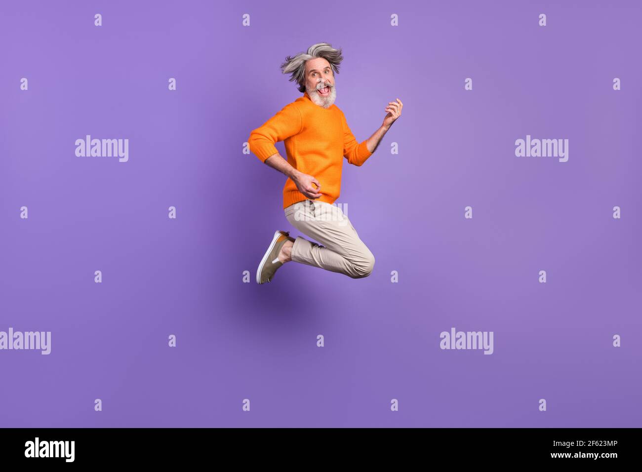 Full size photo of young happy excited funky old man jumping playing ...