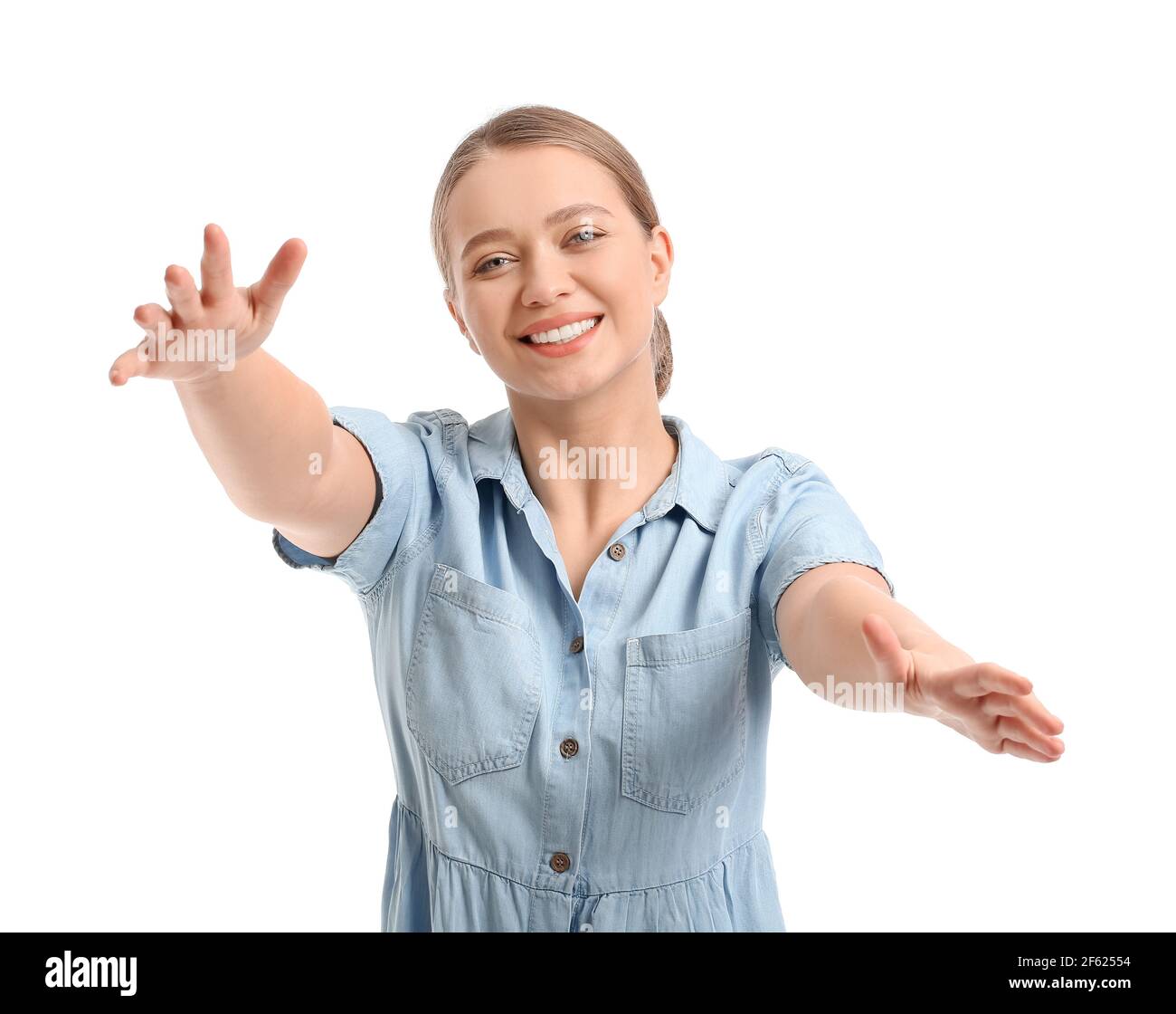 Young woman opening arms for hug on white background Stock Photo - Alamy
