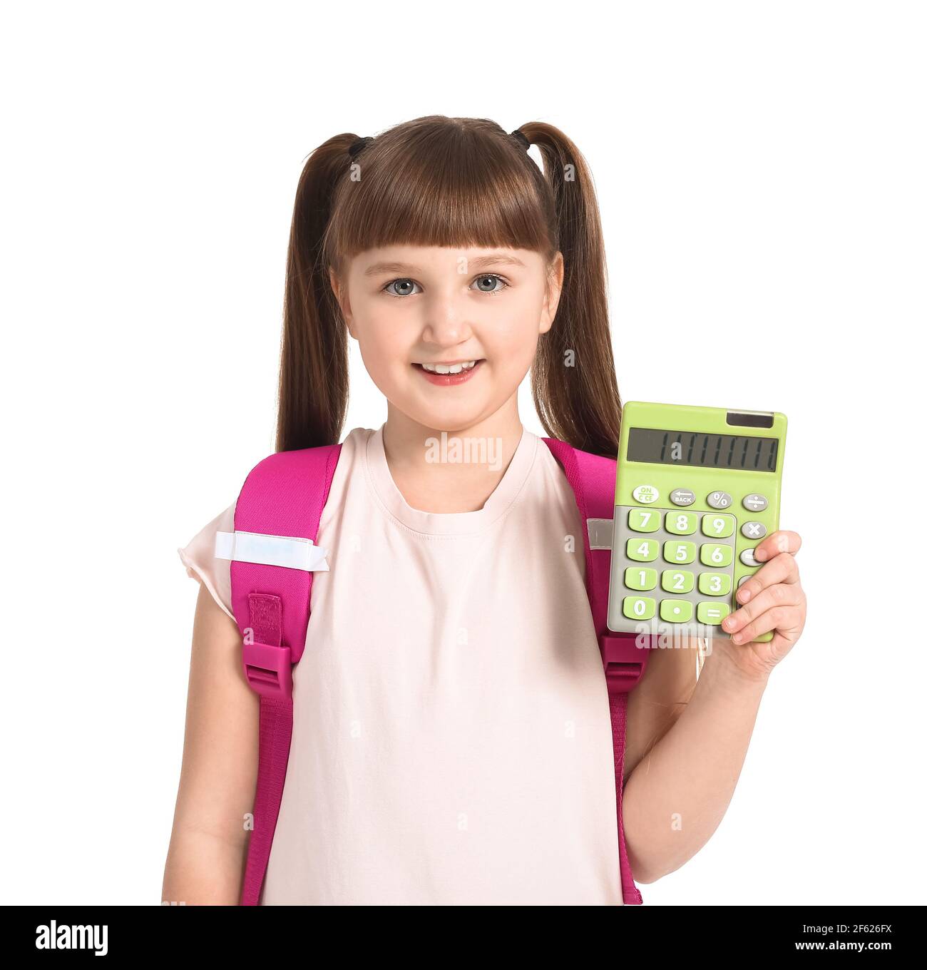 Little schoolgirl with calculator on white background Stock Photo - Alamy