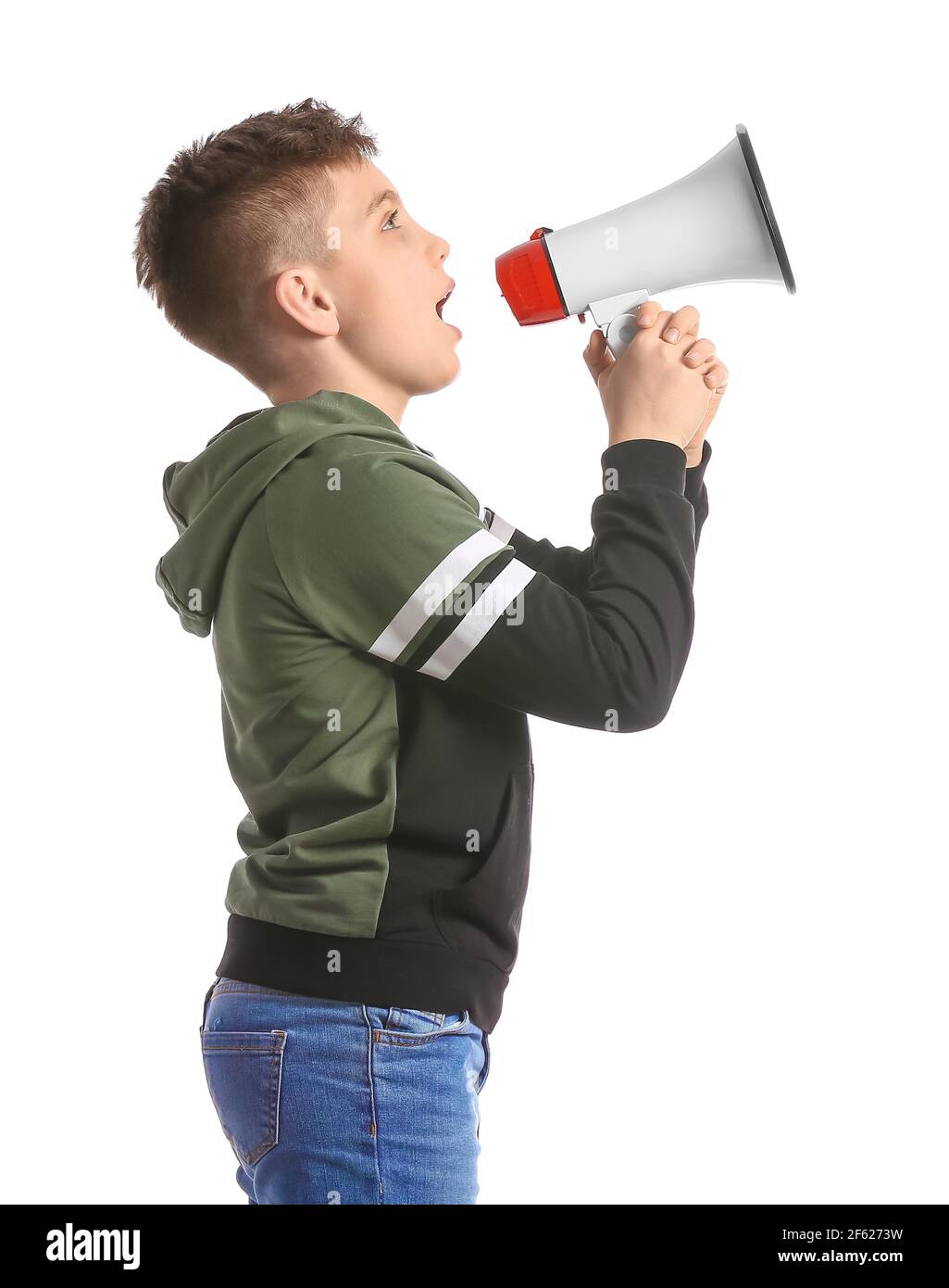 Screaming little boy with megaphone on white background Stock Photo - Alamy