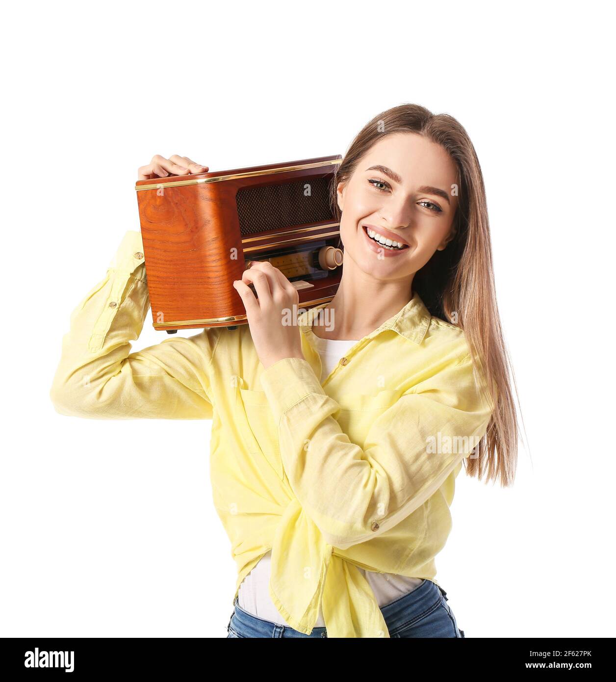 Young woman with retro radio receiver on white background Stock Photo ...