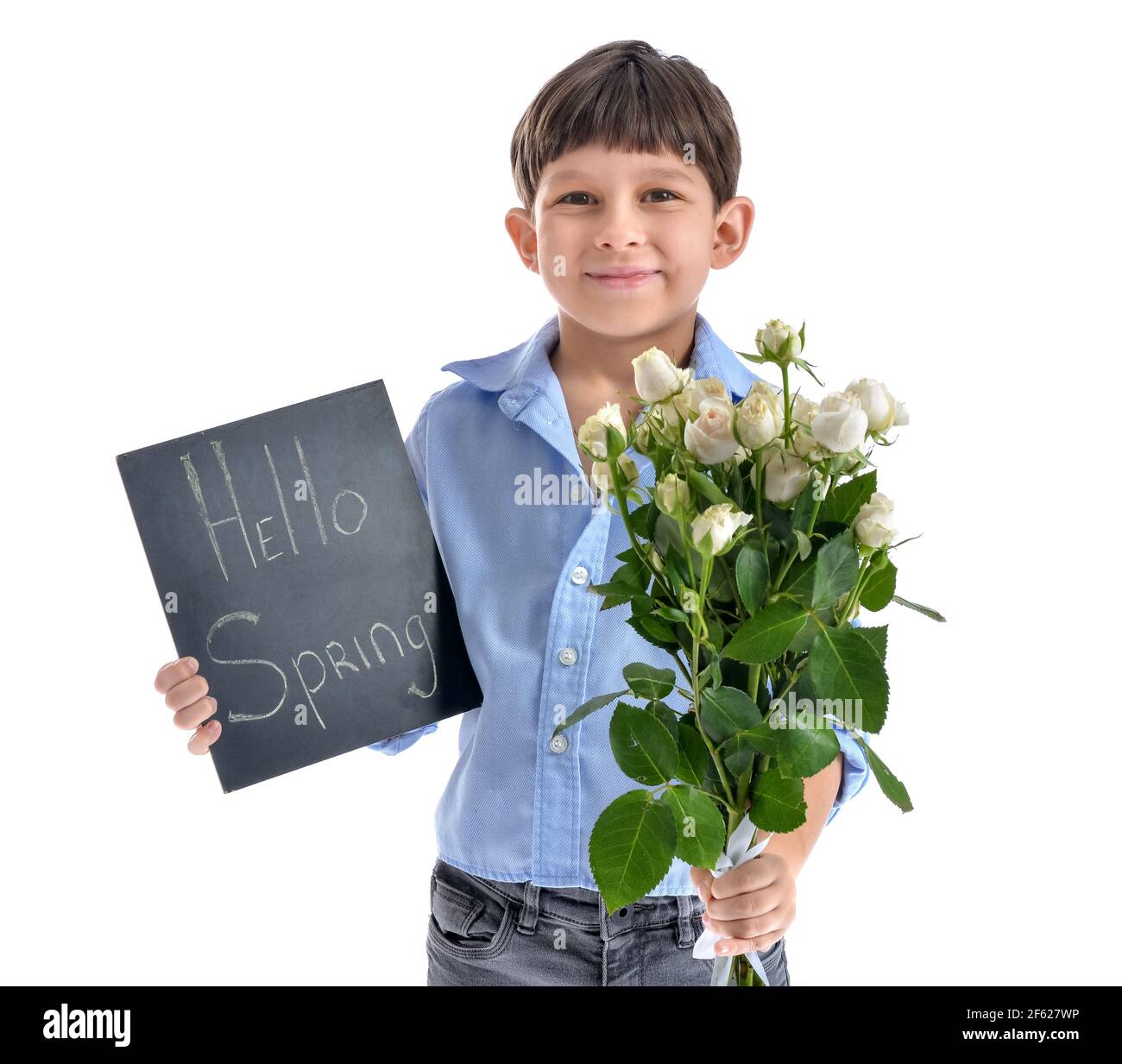 Cute little boy holding bouquet of flowers and chalkboard with text ...