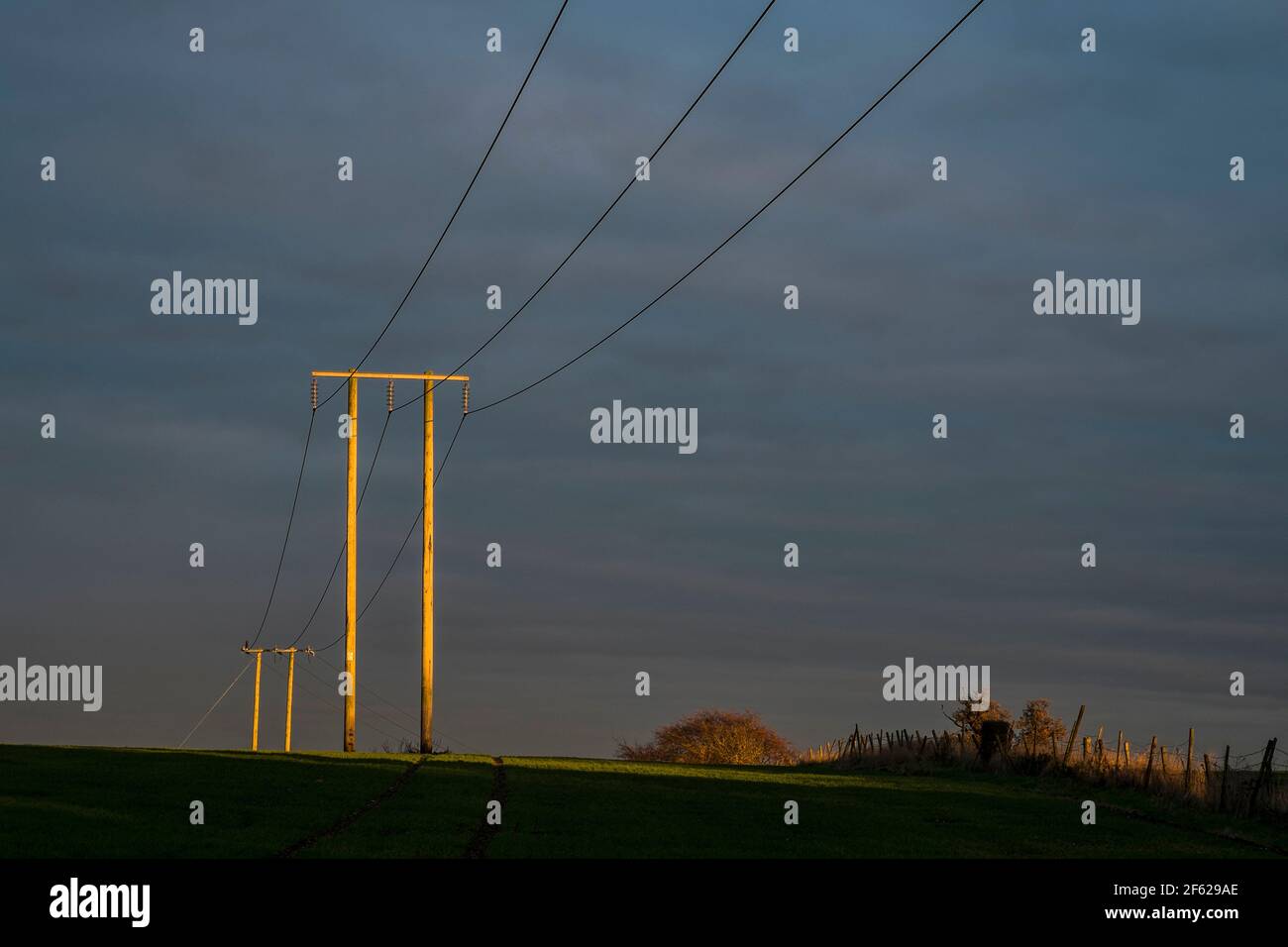 Electric power lines in autumn sunlight in the Worcestershire ...