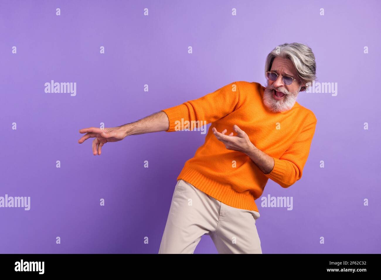 Photo of aged man excited crazy happy positive smile have fun wear ...