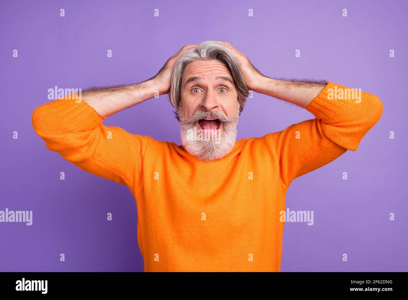 Photo of mature man shocked hands touch head fail mistake trouble ...