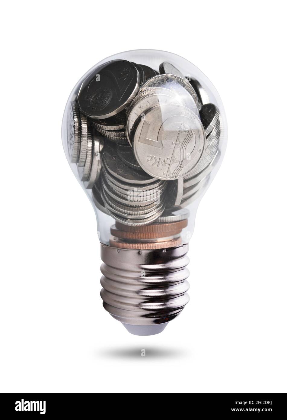 Light bulb with many coins isolated on white background Stock Photo - Alamy