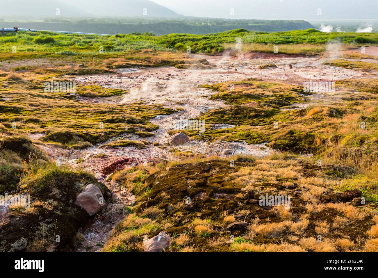 Steaming, sulfuric, active fumaroles near Pauzhetskaya Geothermal Power ...
