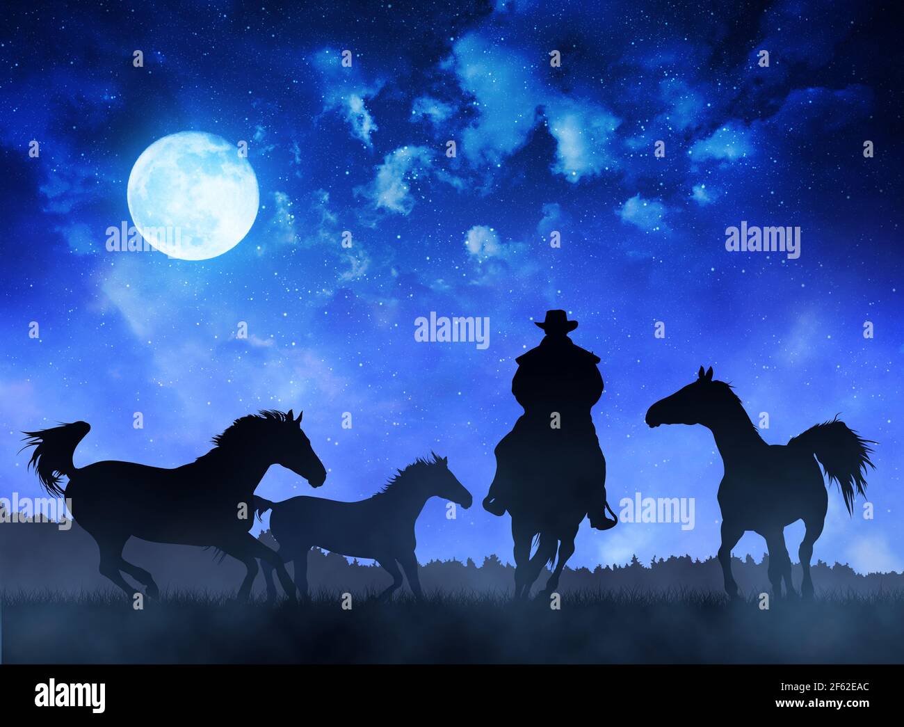 Silhouette cowboy with horses in night sky with moon Stock Photo - Alamy