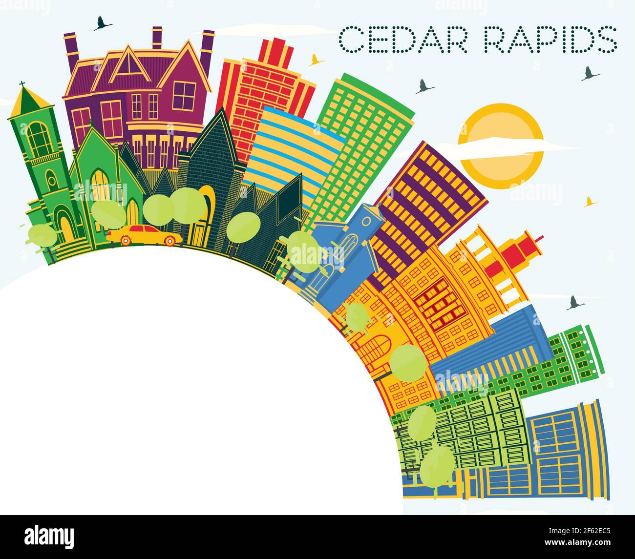 Cedar Rapids Iowa City Skyline with Color Buildings, Blue Sky and Copy ...