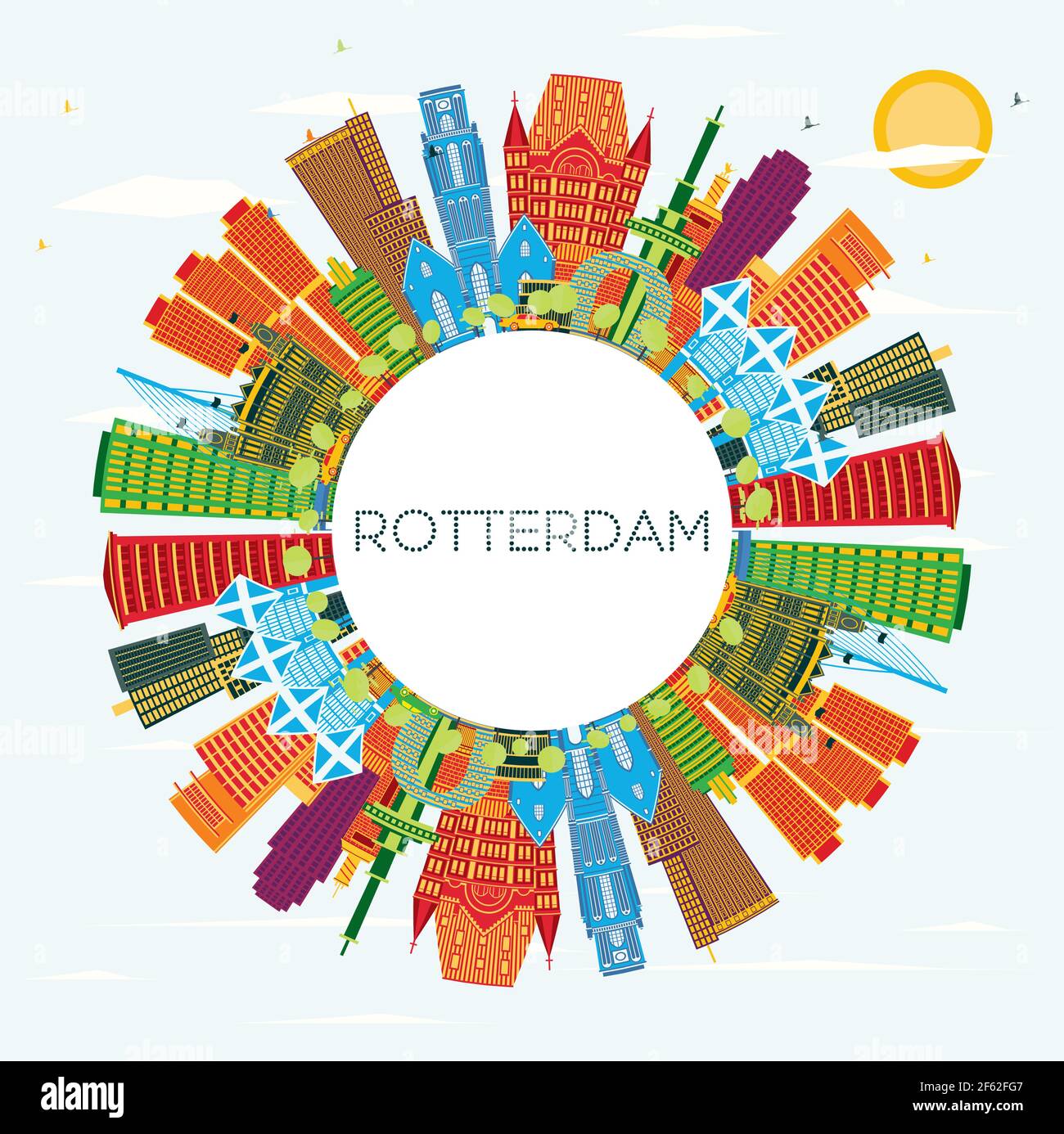 Rotterdam Netherlands City Skyline with Color Buildings, Blue Sky and ...