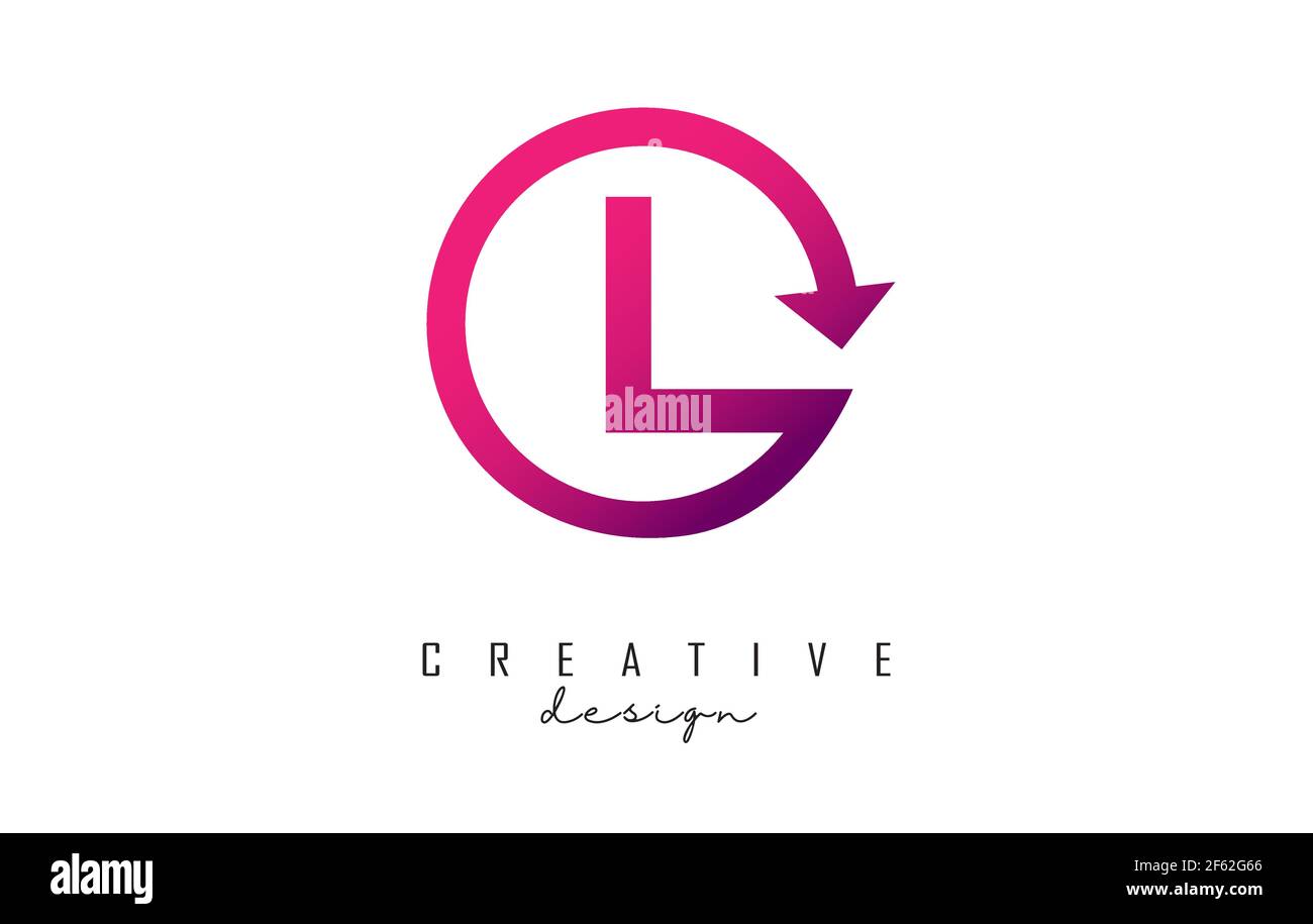 Pink L letter logo design with circle frame and arrow. Creative vector ...