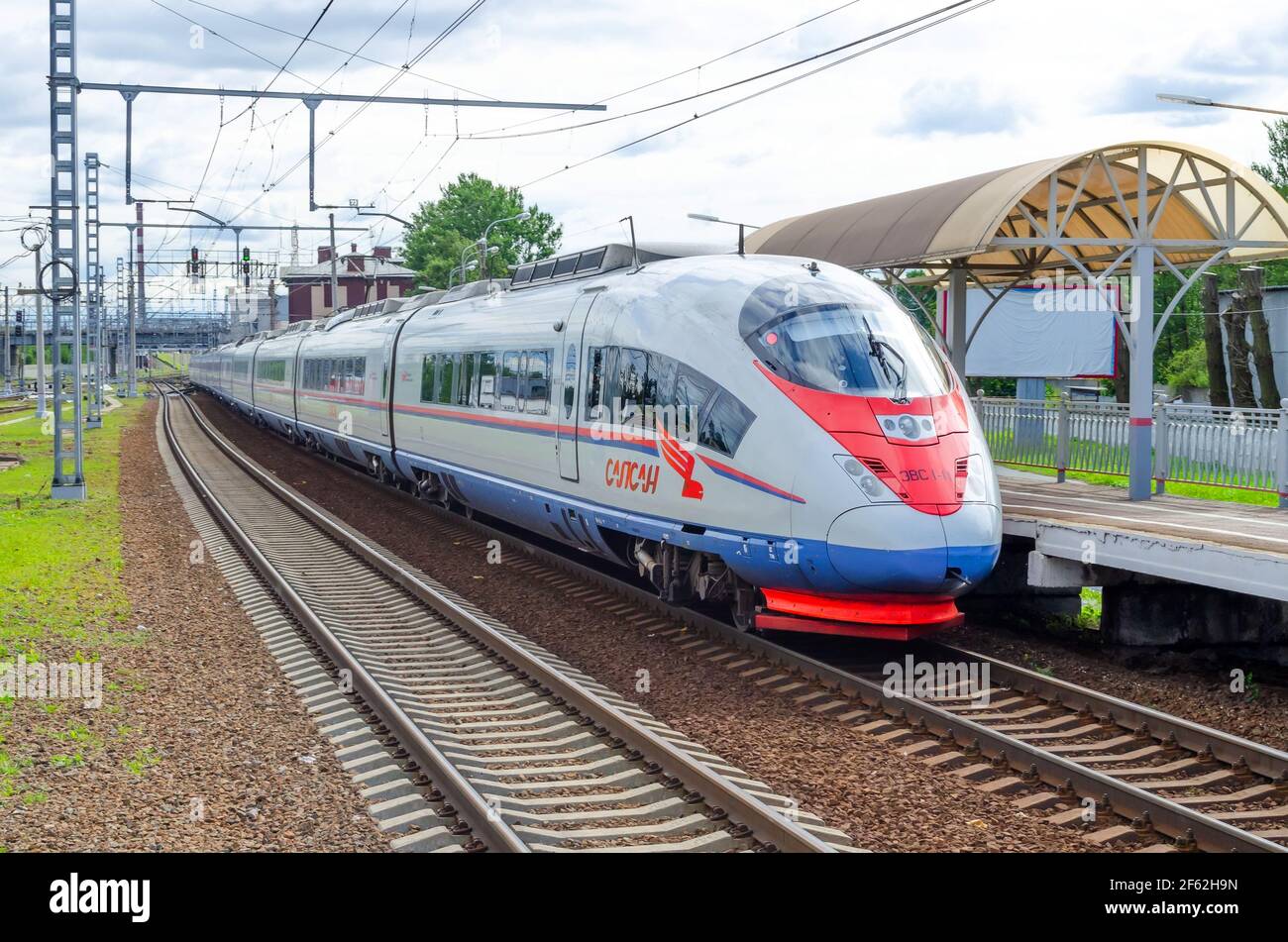 High-speed commuter train Sapsan. Russia, Saint-Petersburg, 27 august ...