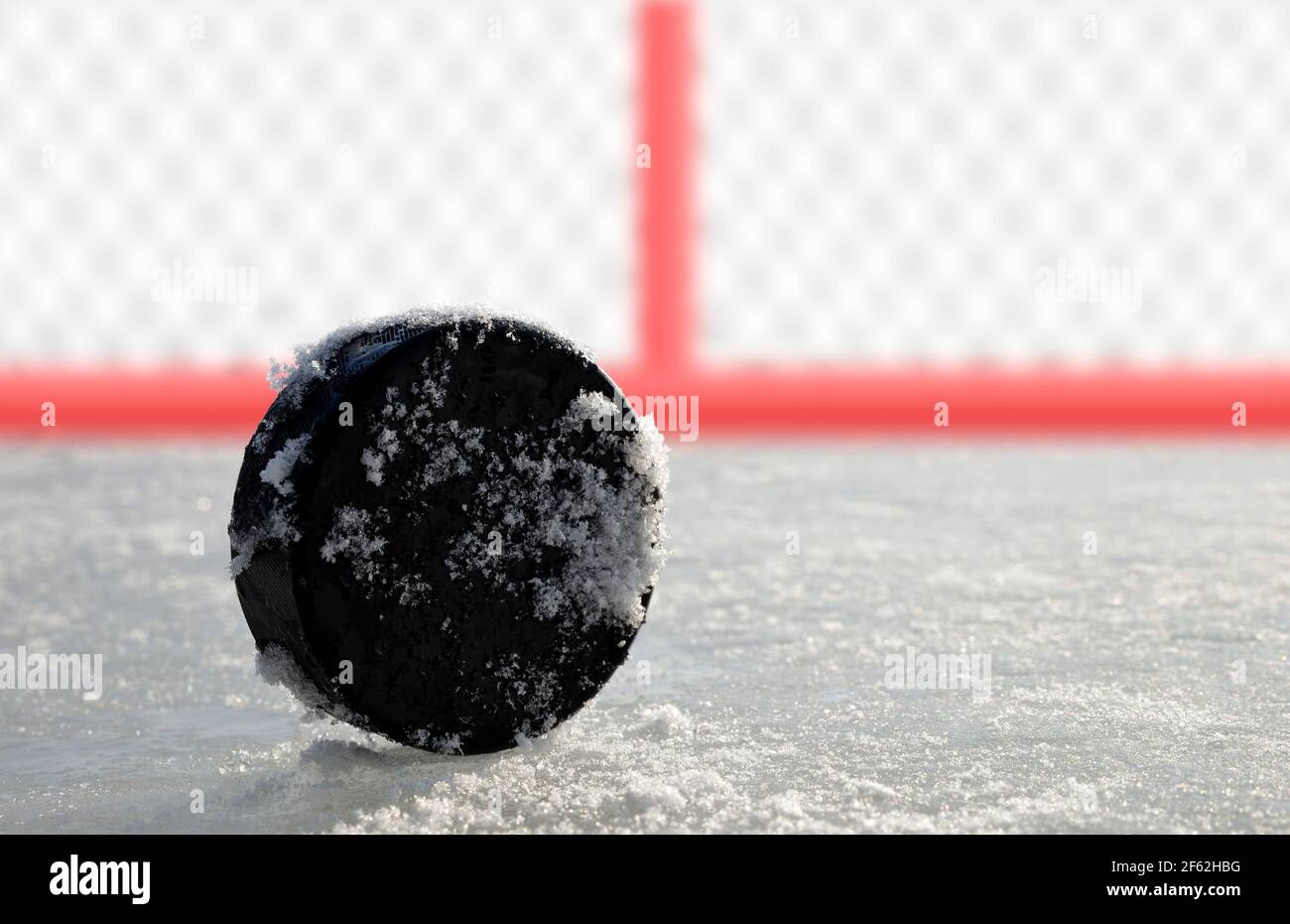 Hockey puck lying on a ice rink Stock Photo - Alamy