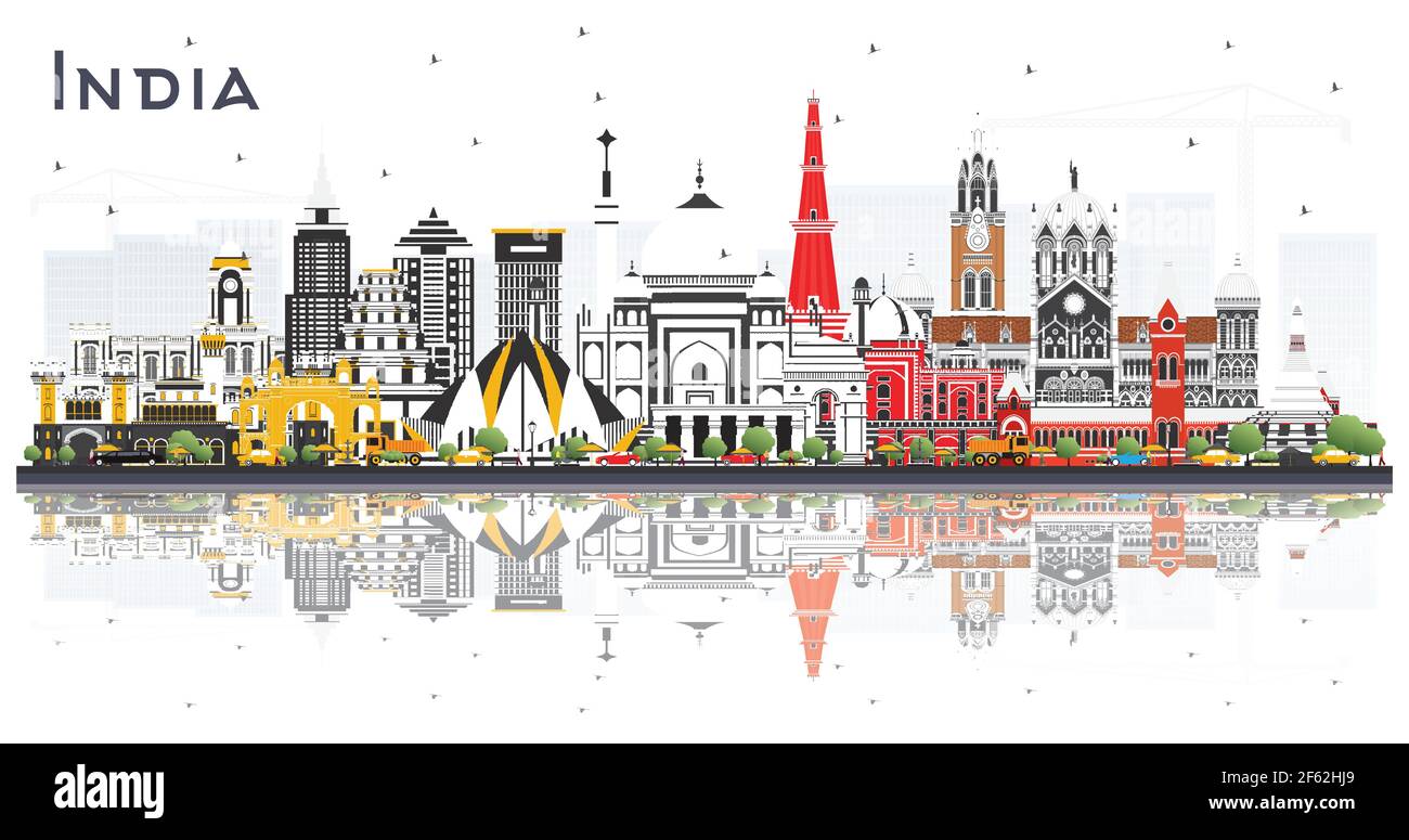 India City Skyline with Color Buildings and Reflections Isolated on ...