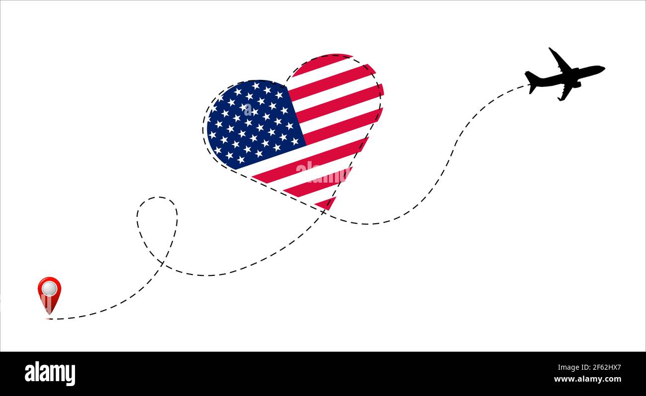 Airplane flight route with the USA flag inside the heart. Travel to ...