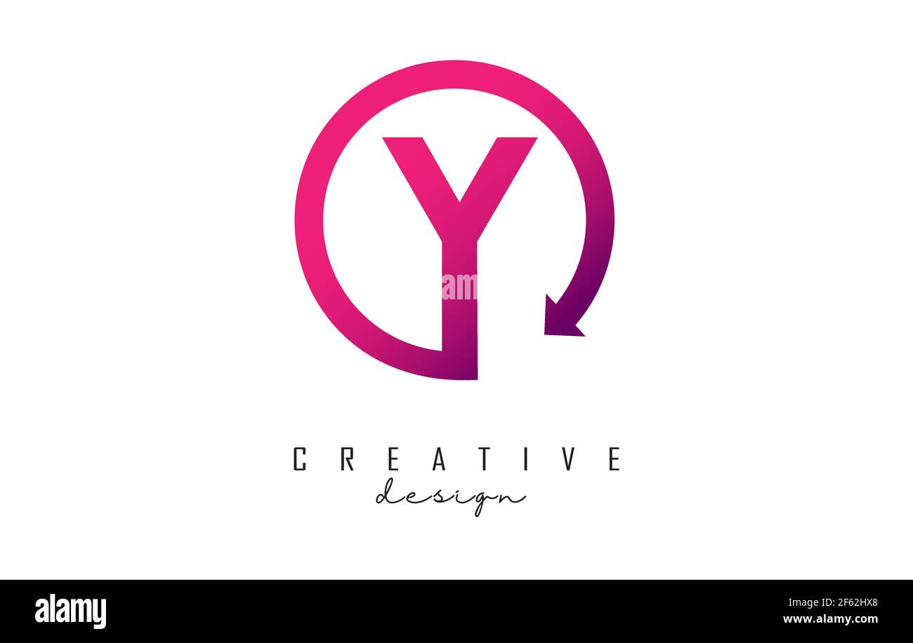 Pink Y letter logo design with circle frame and arrow. Creative vector ...
