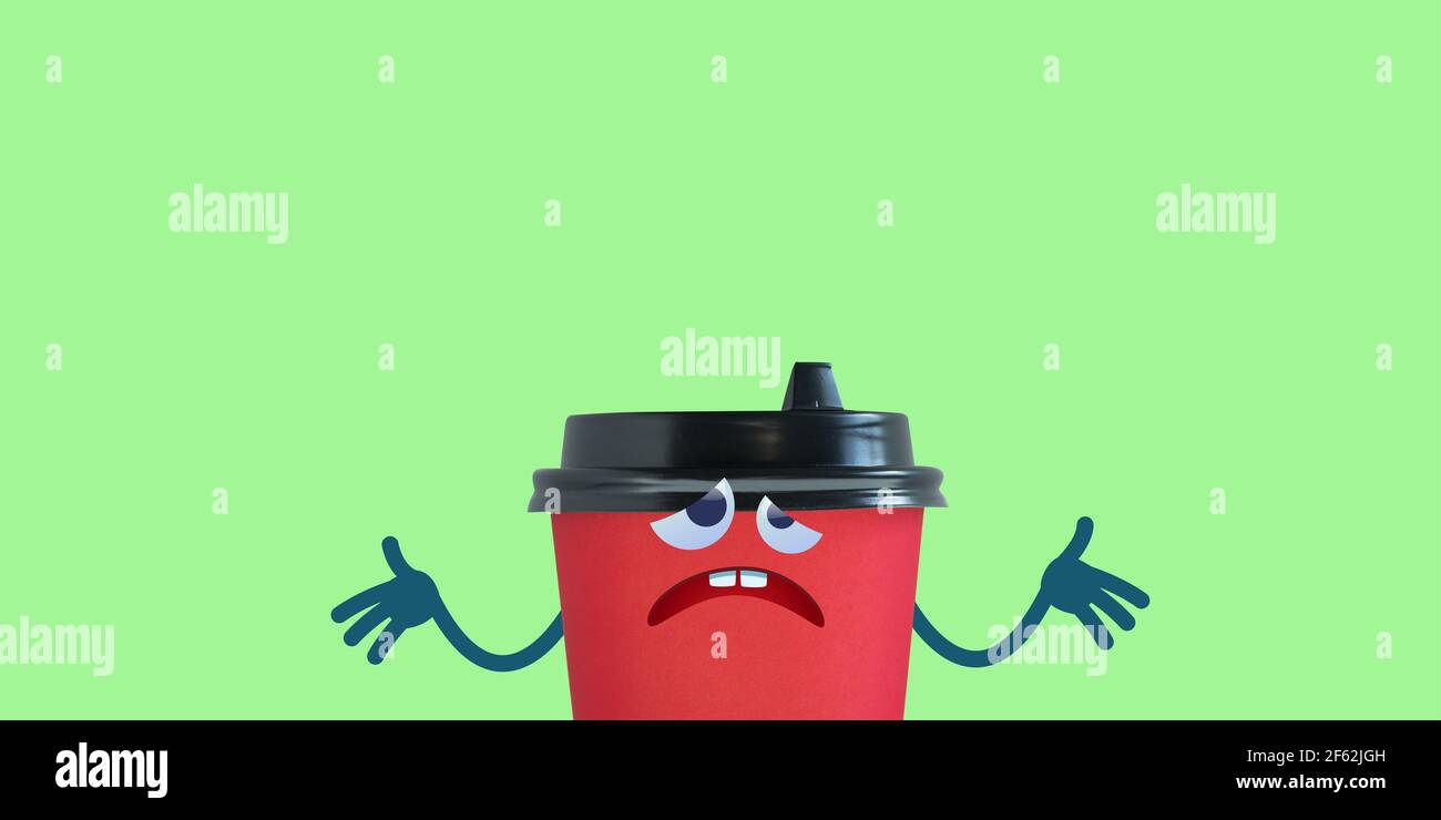 A frustrated disposable cup with googly eyes makes a helpless gesture ...