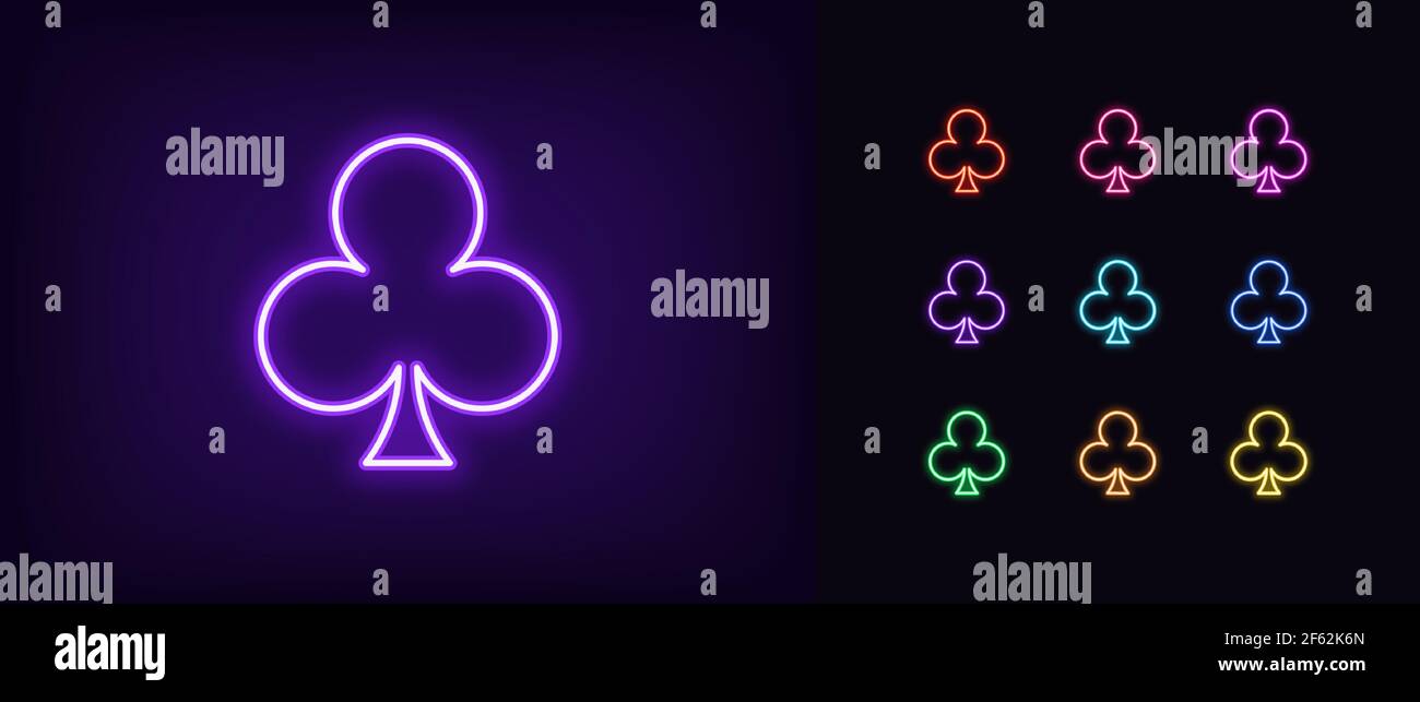 Neon club suit icon. Glowing neon clubs sign, outline card suit symbol ...