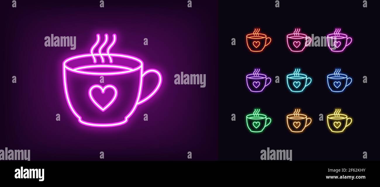 Neon coffee cup icon. Glowing neon tea cup with heart sign, outline mug ...