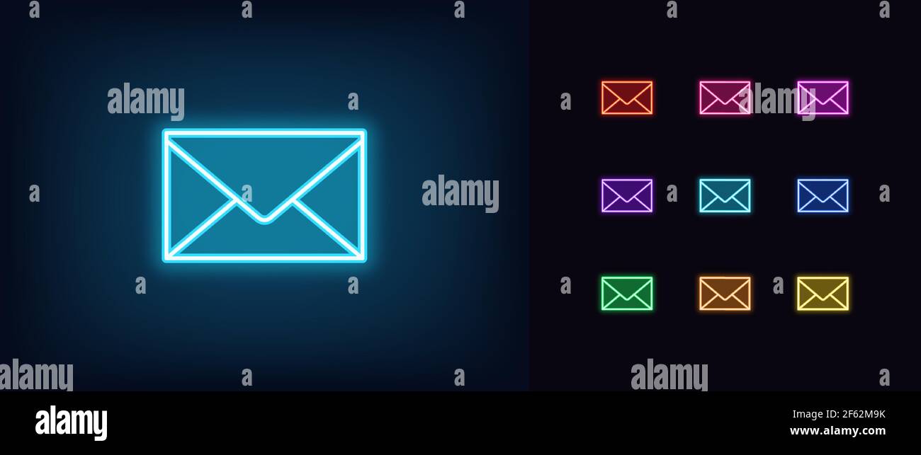 Neon mail envelope icon. Glowing neon email sign, incoming message ...