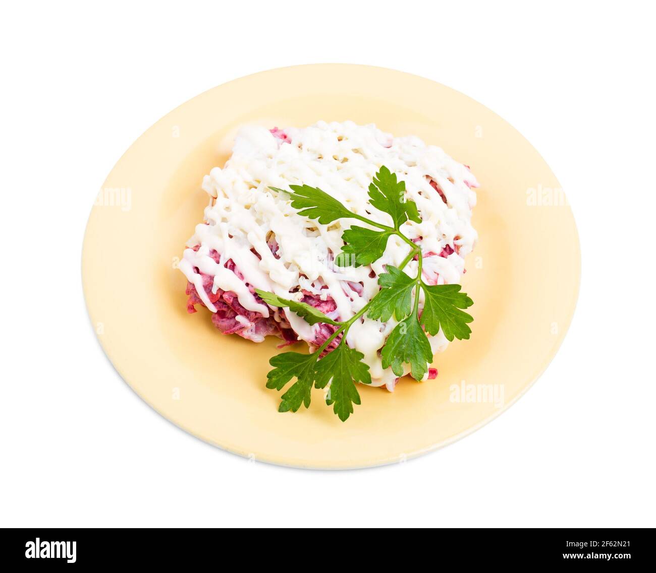 Russian herring salad with mayonnaise and beetroot. Served with fresh ...