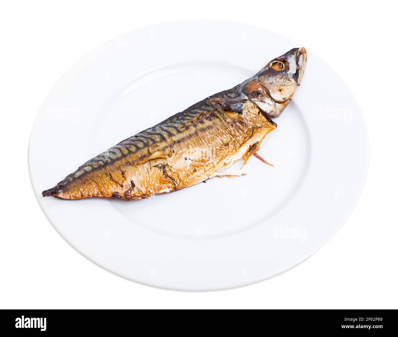 Delicious roasted mackerel fish on ceramic plate. Isolated on a white ...