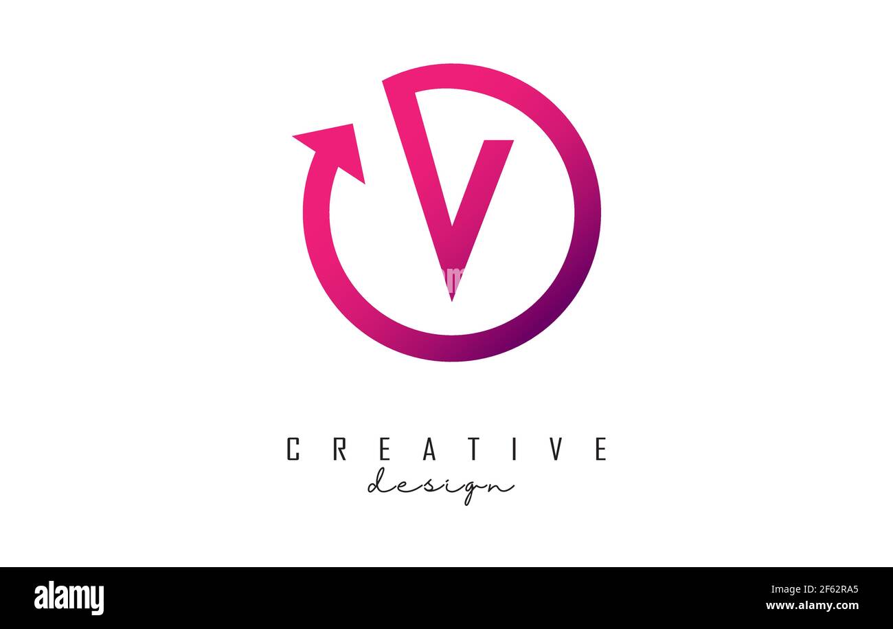 Pink V letter logo design with circle frame and arrow. Creative vector ...