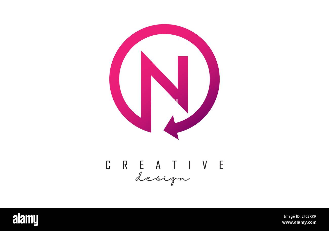 Pink N letter logo design with circle frame and arrow. Creative vector ...