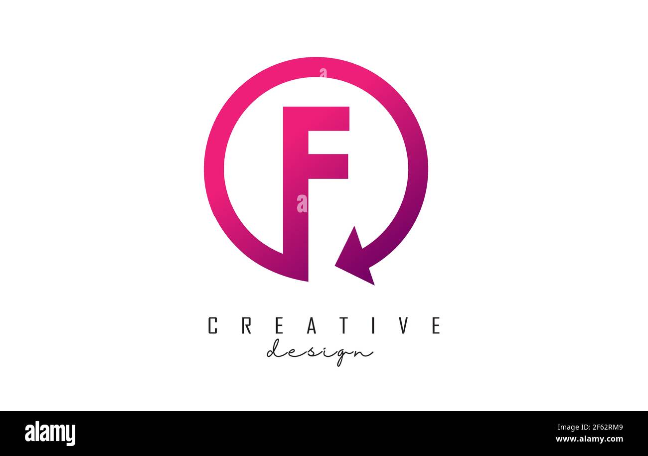 Pink F letter logo design with circle frame and arrow. Creative vector ...