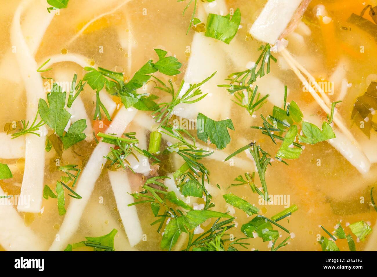 Traditional moldovan chicken soup with noodles and vegetables. Macro ...
